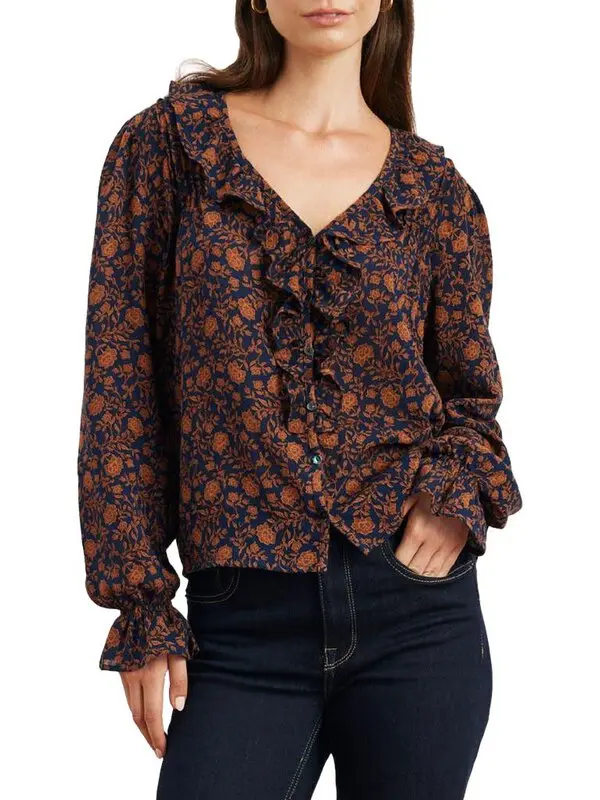 PANEROS CLOTHING Long Sleeve Chloe Ruffle Shirt - Navy Batik