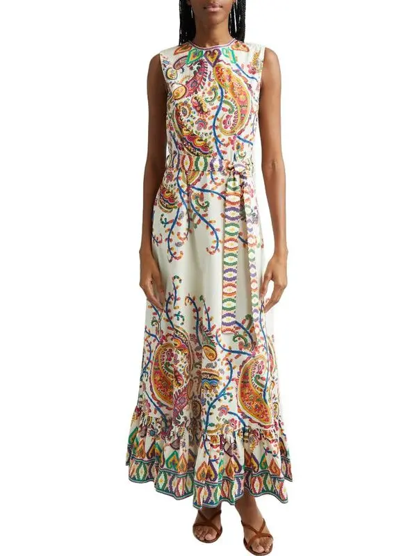 Etro Floral Paisley Belted Cotton Poplin Fit & Flare Dress - Print On White Base