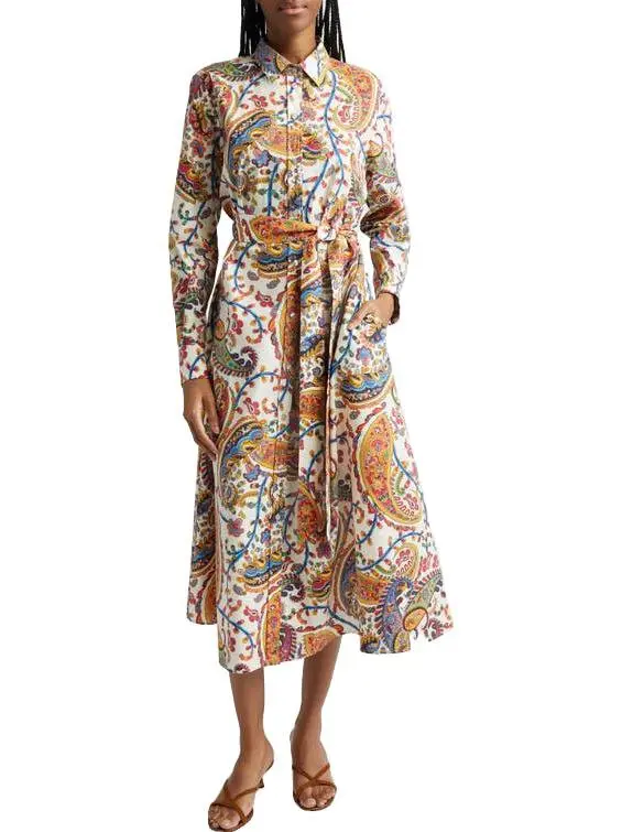Etro Floral Paisley Belted Cotton Poplin Shirtdress - Print On White Base