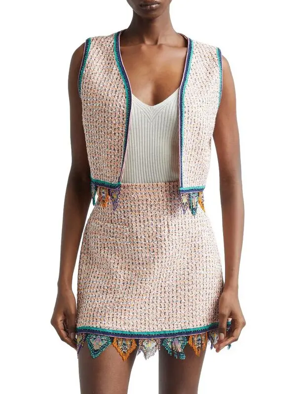 Etro Beaded Fringe Tweed Crop Vest - Multicolour Orange Base