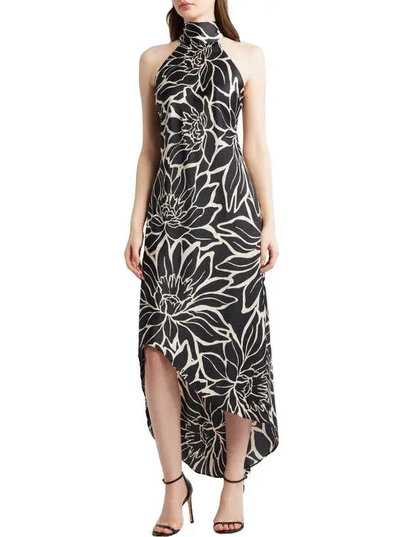 CECE DUPRAZ Floral Mock Neck Stretch Satin Dress - Rich Black