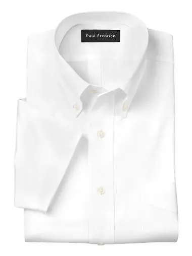 PAUL FREDRICK Non-iron Cotton Pinpoint Solid Button Down Collar Short Sleeve Dress Shirt - White