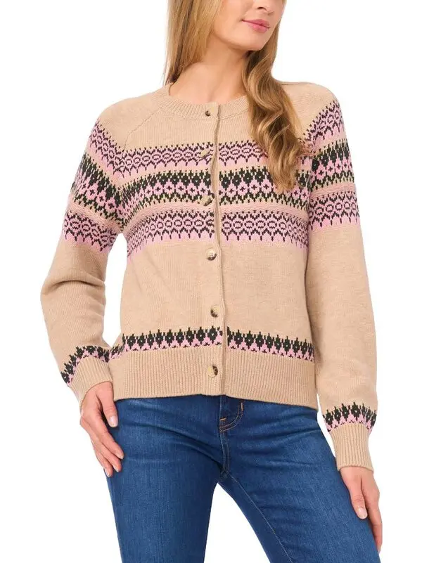 CECE DUPRAZ Fair Isle Stripe Cardigan - Biscuit Heather