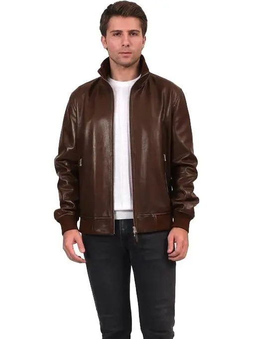 FURNIQ UK Arthur Leather Bomber Jacket - Brown