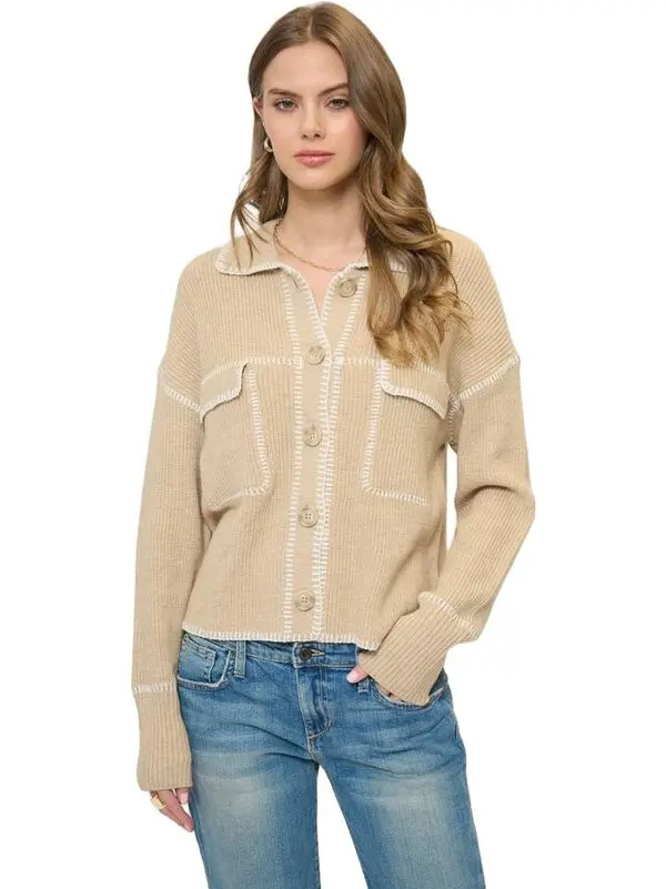 Central Park West Maisie Topstitch Sweater Jacket - Oat