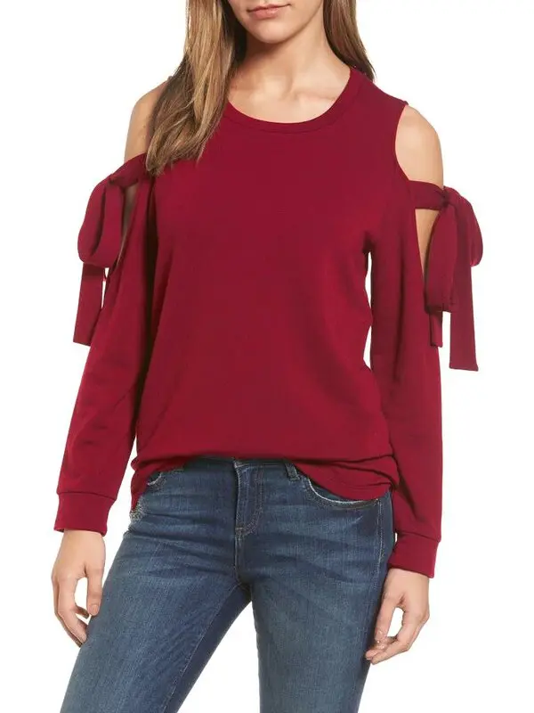Pleione Cold Shoulder Tie Sleeve Pullover - Red Chili