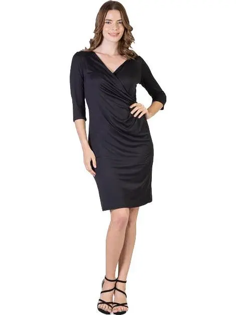 24SEVEN COMFORT APPAREL Petite V-neck Faux Wrap Knee Length Dress - Black