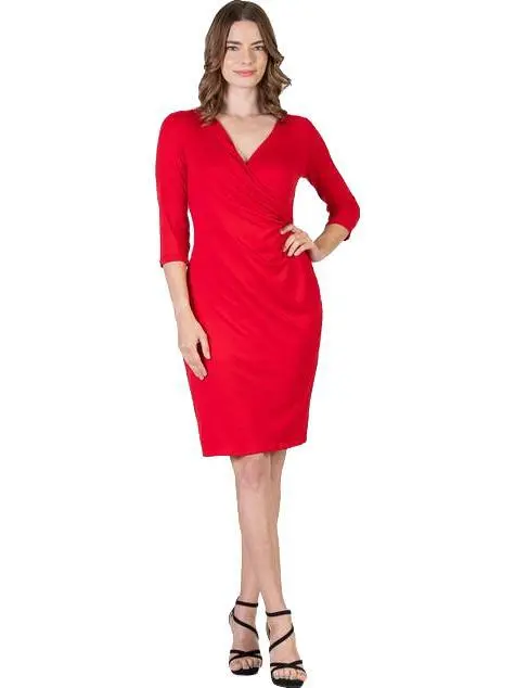 24SEVEN COMFORT APPAREL Petite V-neck Faux Wrap Knee Length Dress - Red