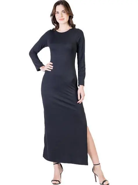 24SEVEN COMFORT APPAREL Petite Long Sleeve Side Slit Fitted Maxi Dress - Black