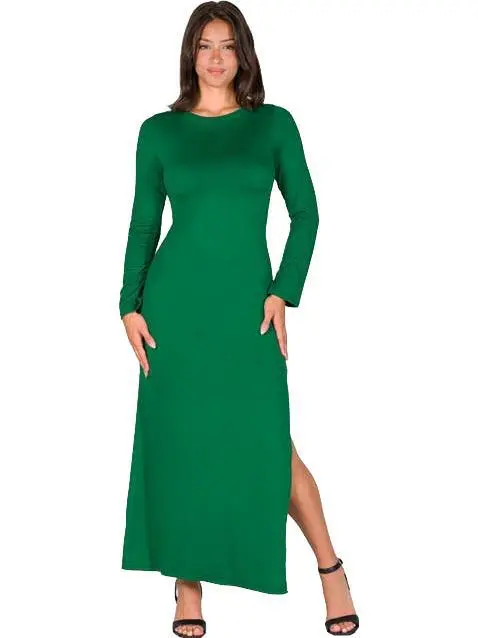 24SEVEN COMFORT APPAREL Petite Long Sleeve Side Slit Fitted Maxi Dress - Emerald