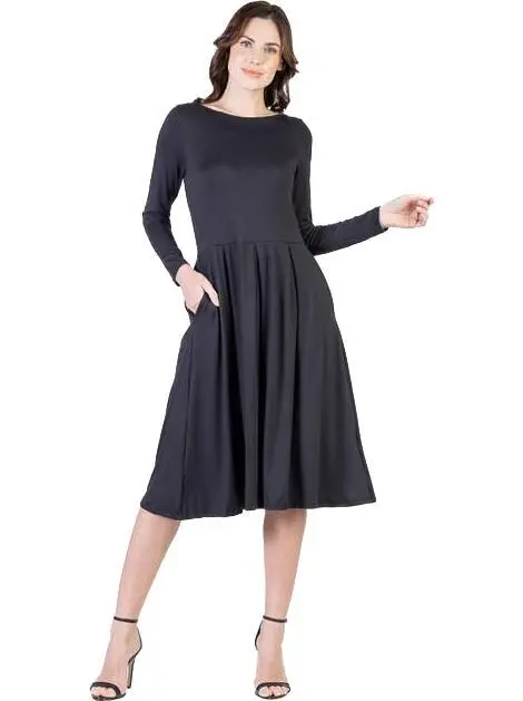 24SEVEN COMFORT APPAREL Petite Midi Fit And Flare Pocket Dress - Black