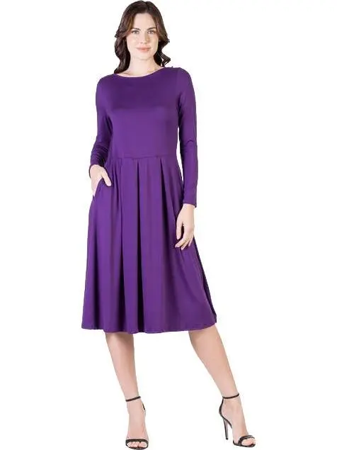 24SEVEN COMFORT APPAREL Petite Midi Fit And Flare Pocket Dress - Purple