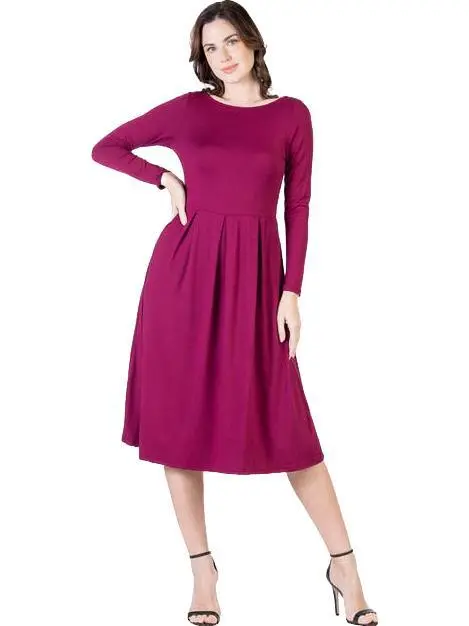 24SEVEN COMFORT APPAREL Petite Midi Fit And Flare Pocket Dress - Wine