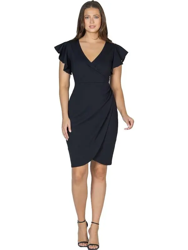 24SEVEN COMFORT APPAREL V-neck Ruffle Sleeve Knee Length Dress - Black