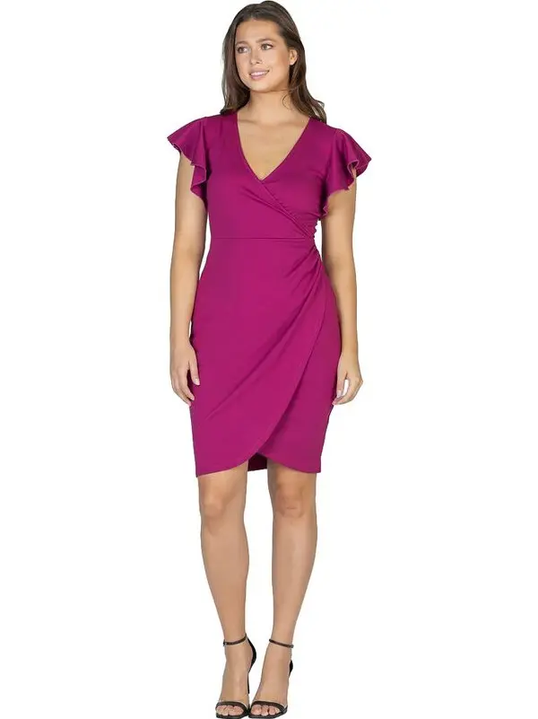 24SEVEN COMFORT APPAREL V-neck Ruffle Sleeve Knee Length Dress - Magenta