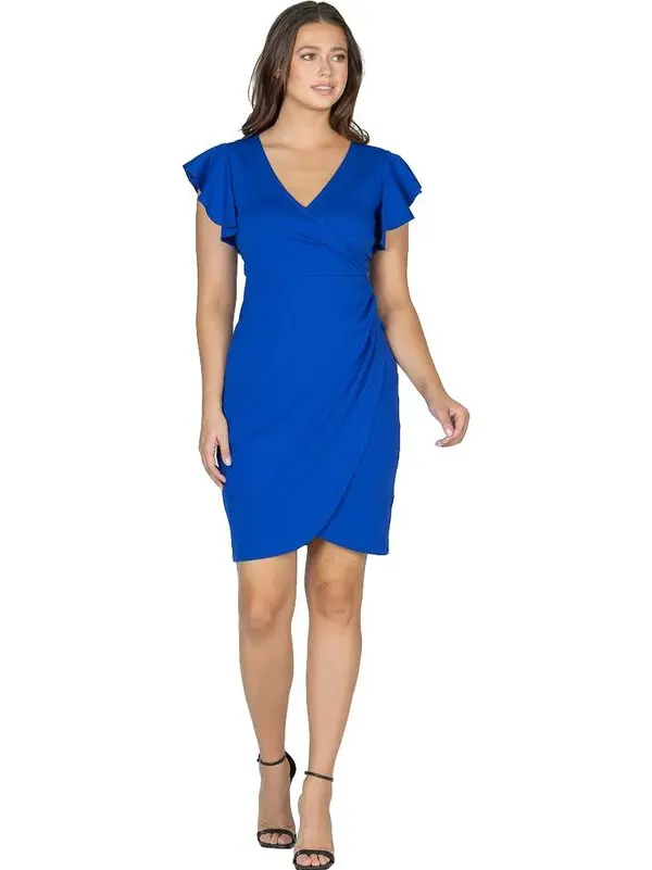 24SEVEN COMFORT APPAREL V-neck Ruffle Sleeve Knee Length Dress - Royal