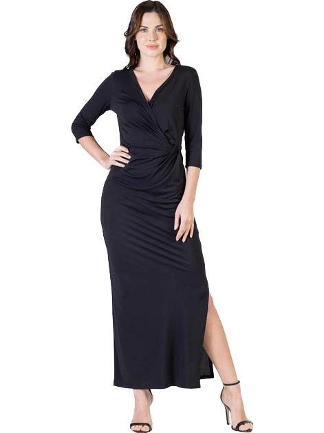 24SEVEN COMFORT APPAREL Petite Fitted V-neck Side Slit Maxi Dress - Black