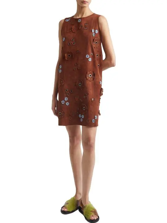 Marni Floral Appliqué Suede Shift Dress - Tobacco