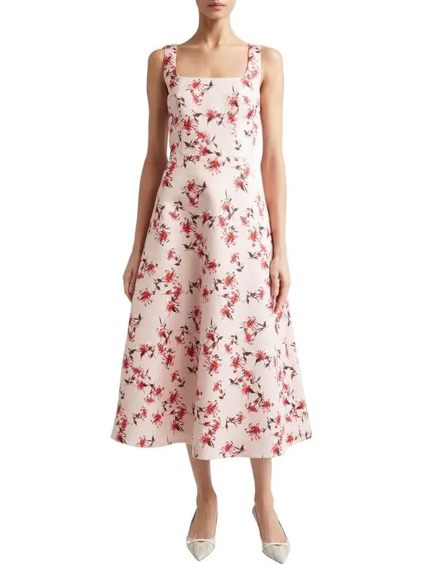 EMILIA WICKSTEAD Shiloh Floral Faille Midi Dress - Summer Lillies Red On Pink