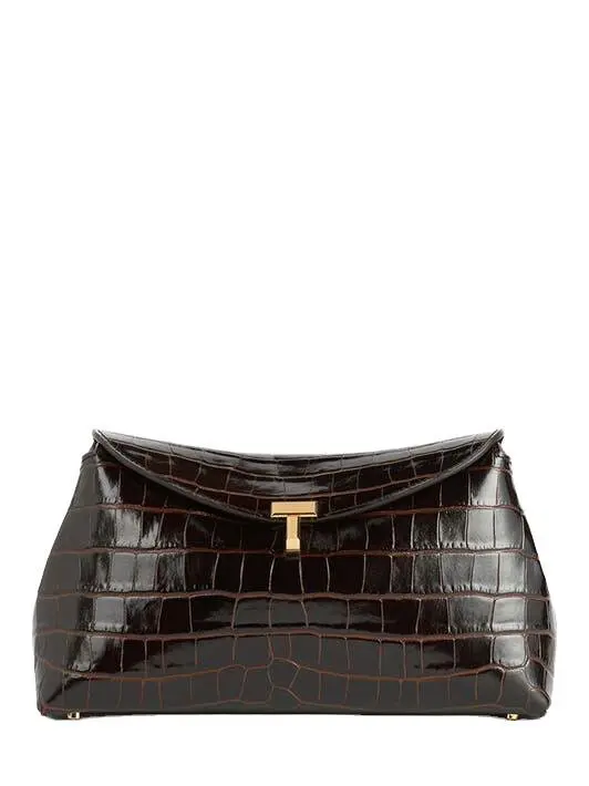 TOTEME T-lock Croc Embossed Leather Clutch - Dark Brown