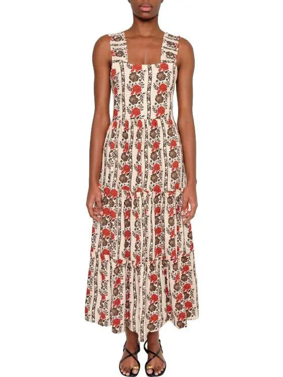 THE LULO PROJECT Floral Tiered Stretch Cotton Maxi Sundress - Brown Laced In Bloom