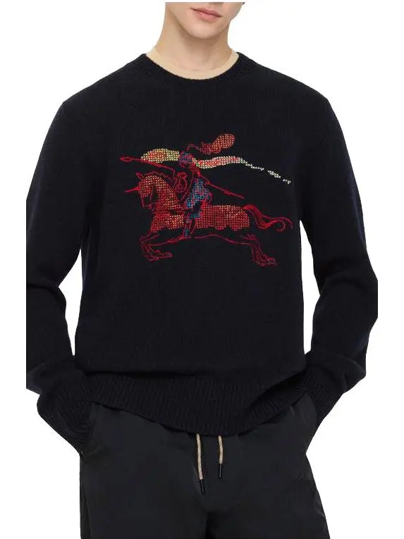 Burberry Cross-stitch Equestrian Knight Design Wool Cashmere Sweater - Navy