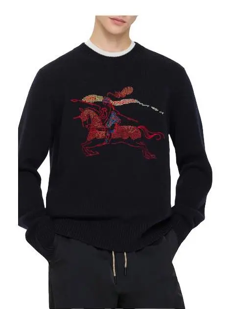 Burberry Cross-stitch Equestrian Knight Design Wool Cashmere Sweater - Navy