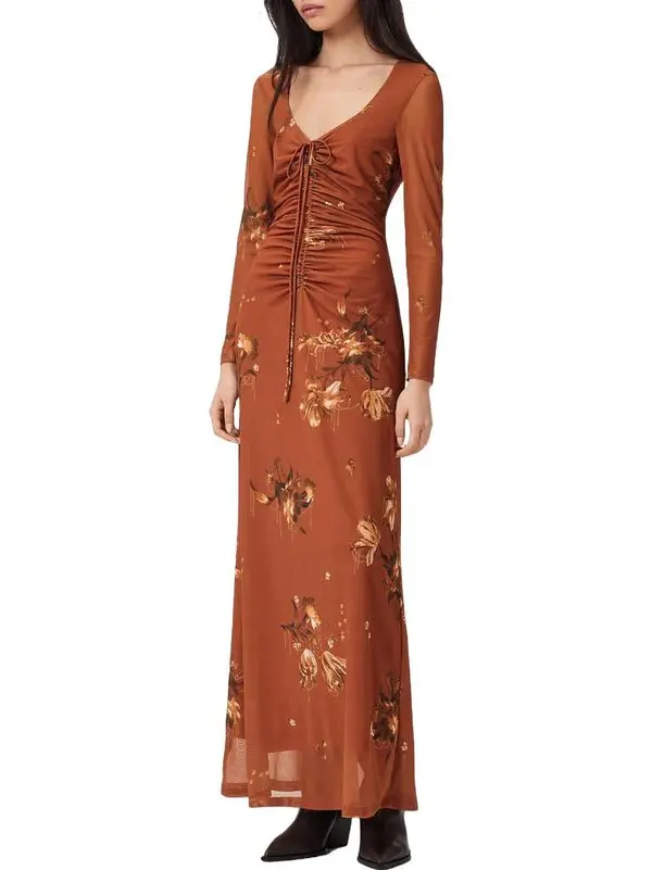 ALLSAINTS Gabby Long Sleeve Mesh Maxi Dress - Ania Rust Brown