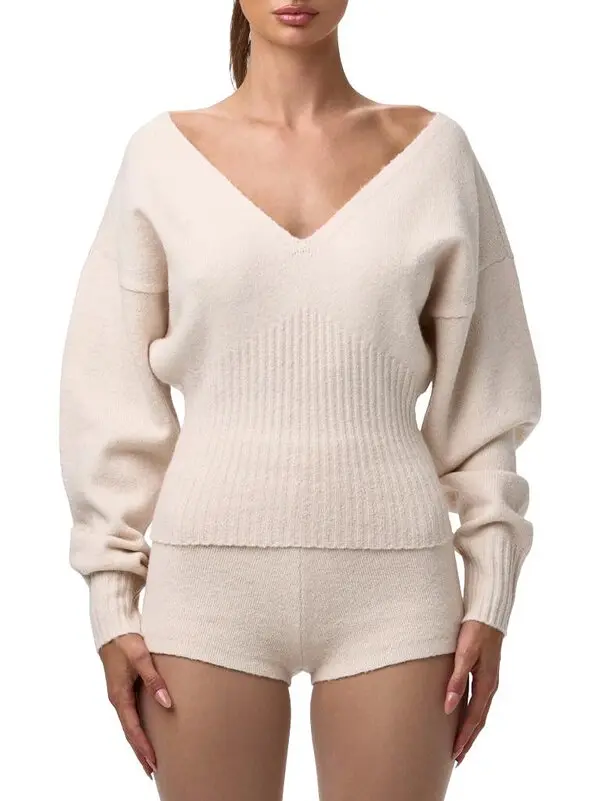 Naked Wardrobe V-neck Ribbed Sweater - Bone