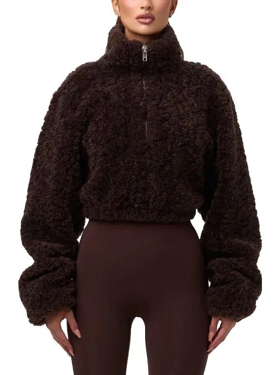 Naked Wardrobe Faux Shearling Quarter Zip Crop Pullover - Dark Chocolate