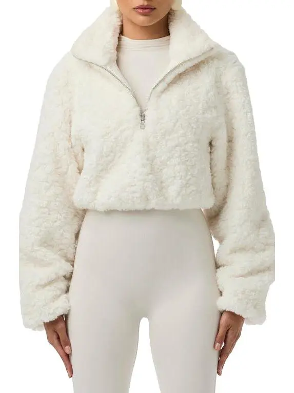 Naked Wardrobe Faux Shearling Quarter Zip Crop Pullover - Ivory