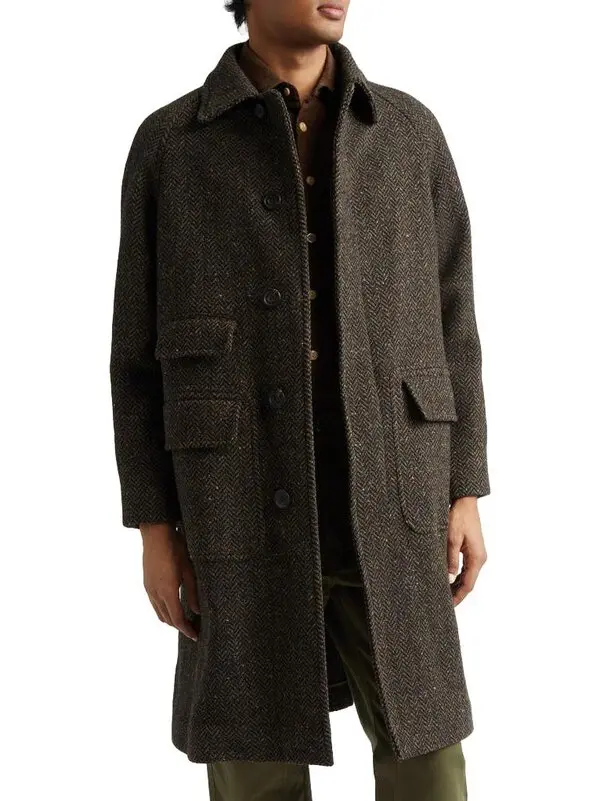 DRAKE'S Wool Herringbone Tweed Overcoat - Brown