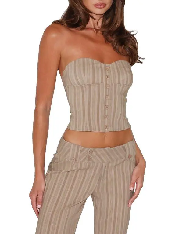 TIGER MIST Kittie Ruffle Strapless Crop Top - Taupe Stripe