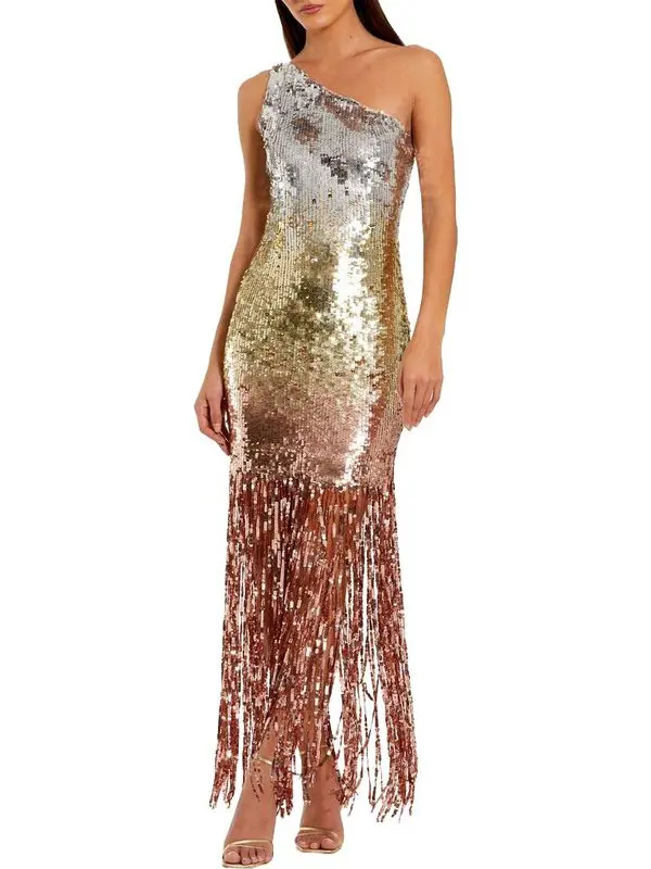Mac Duggal Sequin Fringe One Shoulder Gown - Gold Silver Ombre