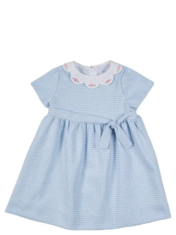 FLORENCE EISEMAN Houndstooth Shirred Dress - Light Blue/ White