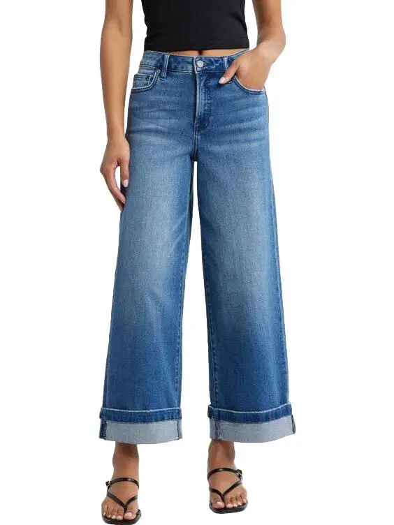 HIDDEN JEANS Cuffed High-waist Wide-leg Ankle Jeans - Medium Dark