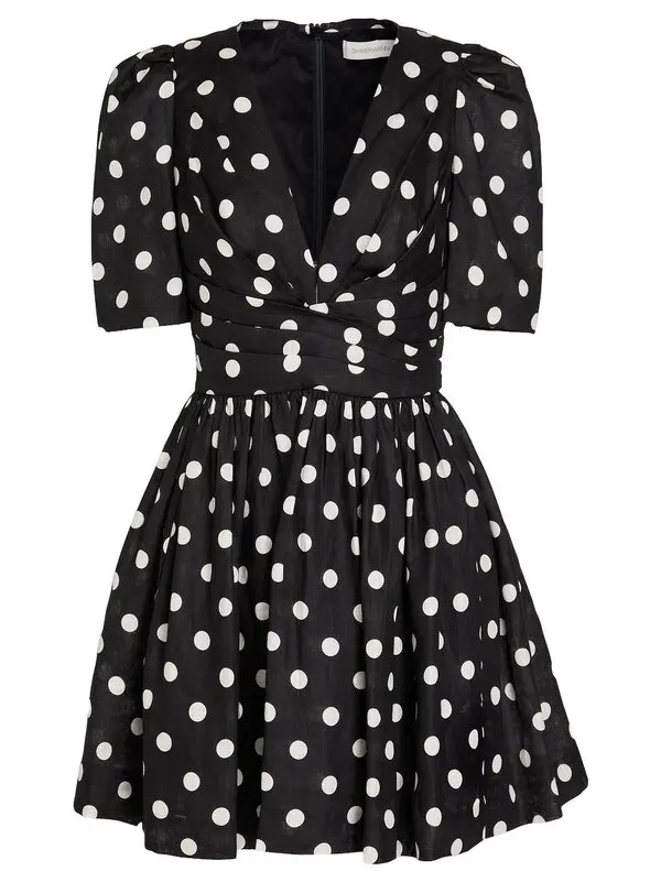 Zimmermann Polkadot Pleated Linen Mini Dress - Black