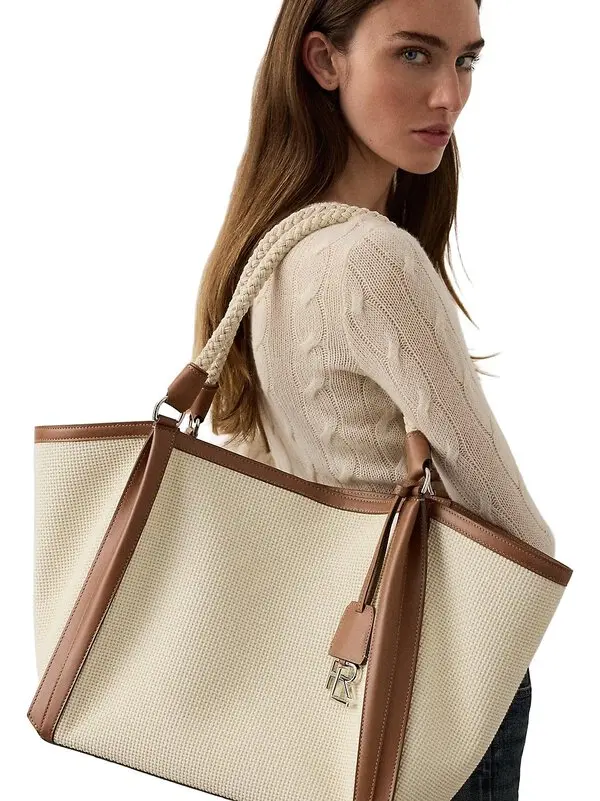 Ralph Lauren Rl 888 Calfskin-trim Woven Tote - Lux Cream/rl Gold