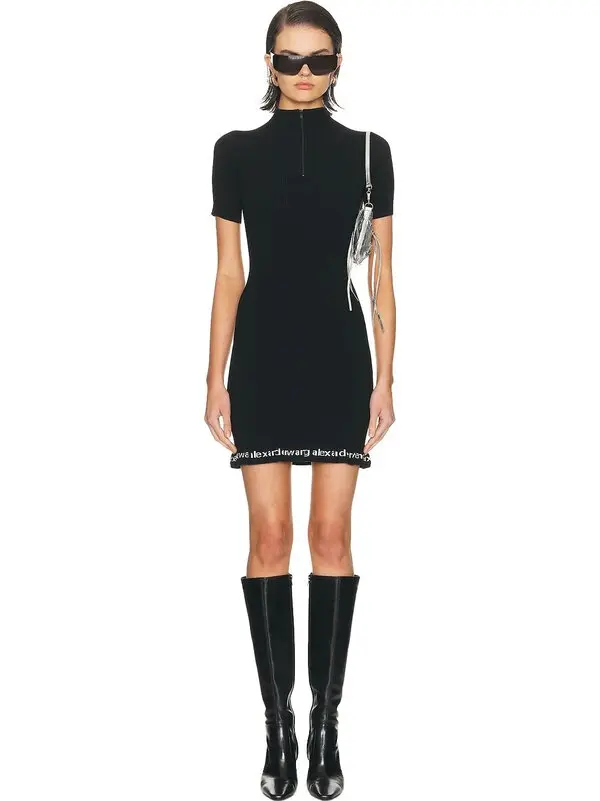 Alexander Wang Ribbed Short Sleeve Logo Dress - Black