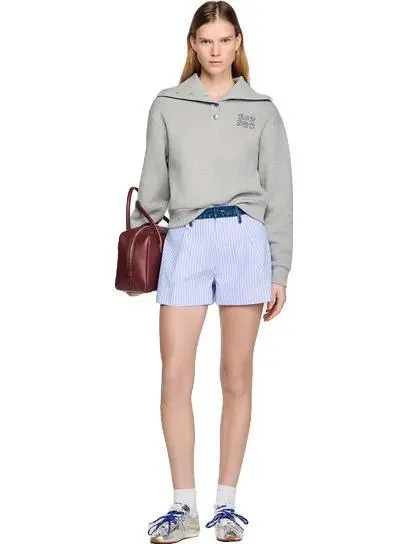 Sandro Striped Cotton Blend Sweatshirt With Henley Collar - Neutral / White