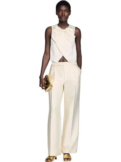 Sandro Satin Bow Crop Top - Neutral / White