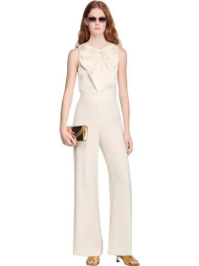 Sandro Satin Bow Crop Top - Neutral / White