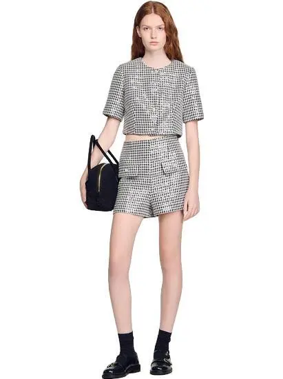 Sandro Sequin Houndstooth Tweed Shorts - Black