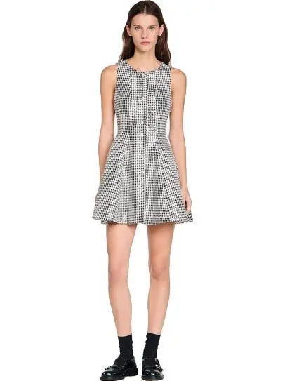 Sandro Sleeveless Houndstooth Sequined Tweed Dress - Black