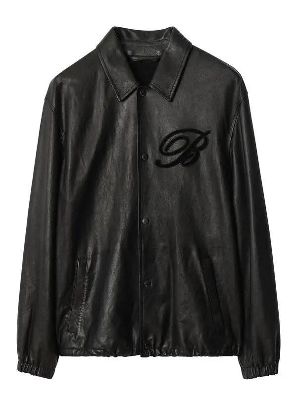 Burberry Leather Shirt Jacket With Monogram - Black