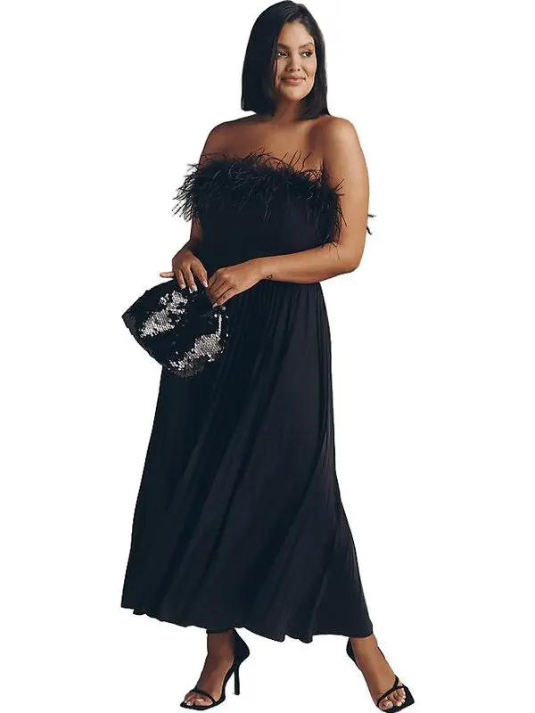 HUTCH Strapless Faux Feather Midi Dress - Black