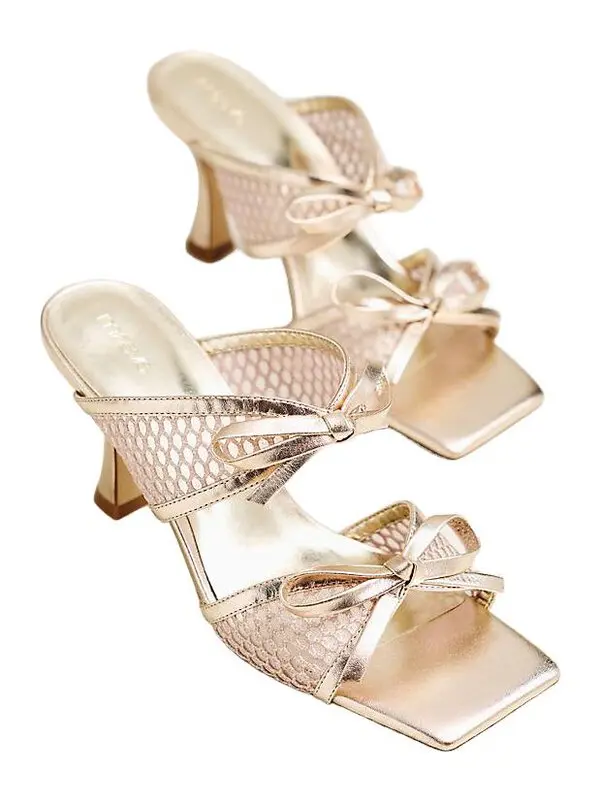 Maeve Mesh Double-bow Open-toe Heels - Gold