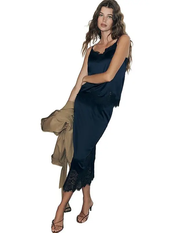 ALIGNE Ari Lace-trim Satin Slip Maxi Skirt - Navy