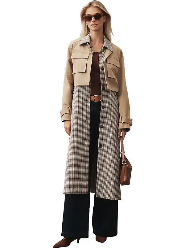 MARE MARE Twofer Vest Trench Coat Jacket - Neutral Plaid