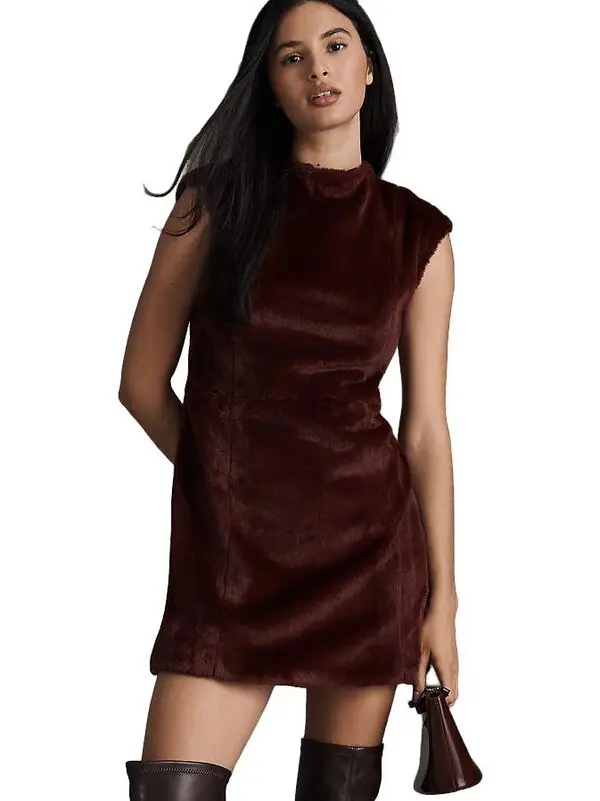 HUTCH Dev Faux Fur Mini Dress - Maroon